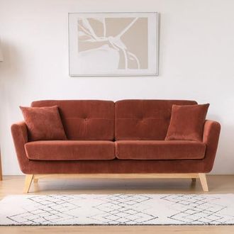 Concept Usine | Canap&eacute; 3 Places HOGA Terracotta | Style Scandinave | Velours C&ocirc;tel&eacute; D&eacute;houssable | Assise Confortable Rembourr&eacute;e | Pieds Obliques Bois | Design Tenda