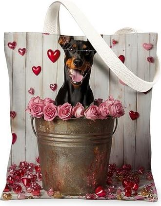 Generic Doberman Sac fourre-tout en toile pour le shopping 33 x 38 cm, sac &agrave; bandouli&egrave;re r&eacute;utilisable pour femme, peinture danimaux domestiques, d&eacute;coration ca
