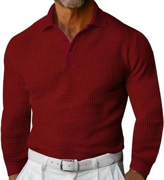 Generic DENGJIAMY Polo à manches longues pour homme Uni Décontracté T-shirt classique basique boutonné T-shirt de golf gaufré tendance, Rouge, XXL