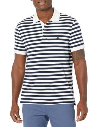 Nautica Herren Klassische Passform, 100% Baumwolle, Weich, Kurzärmelig, Gestreiftes Poloshirt Polohemd, Bright White, Mittel