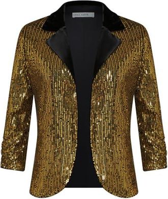 Grace Karin Travail Veste de Costume à Sequins Manches 3/4 pour Femme Élégant Col Revers Blazer Court de Bureau M Or Noir