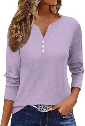 Minetom T Shirt Damen Langarmshirt V-Ausschnitt Knopfleiste Elegant Oberteile Basic Tops Einfarbig T-Shirt Lila XXL