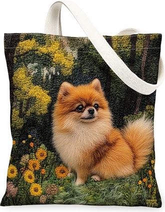 Generic Sac fourre-tout en toile motif chien de Pom&eacute;ranie printanier pour faire du shopping, 33 x 38,1 cm, style tricot&eacute;, sac r&eacute;utilisable pour femme, motif i