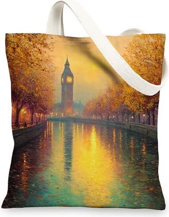 Generic Sacs fourre-tout en toile dautomne, motif paysage scénique, sacs de courses réutilisables, légers et lavables avec bandoulière pour salle de sport, vo