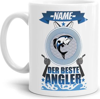 Tassendruck Tasse mit Spruch - Der Beste Angler - personalisierbar mit Wunschname - Geschenk für Angler - Keramiktasse in Weiß, 300 ml
