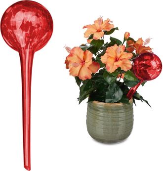 Relaxdays Bew&auml;sserungskugel 2er Set, dosierte Pflanzen Bew&auml;sserung, Blumentopf, Gie&szlig;hilfe B&uuml;ro, Urlaub, Glas &Oslash; 9 cm, rot