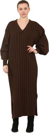 Janisramone Robe longue &agrave; col en V c&ocirc;tel&eacute;e pour femme - Manches ballon - Longue robe dhiver, marron, taille unique