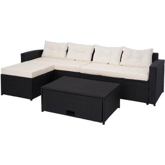 Hhg Poly-Rattan Garnitur HHG-080, Balkon-/Garten-/Lounge-Set Sitzgruppe Sofa, Staufach schwarz, Kissen creme-beige