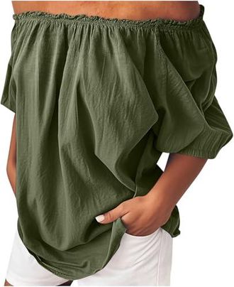 Generic T-shirts en gaze pour femme - T-shirt &agrave; &eacute;paules d&eacute;nud&eacute;es pliss&eacute;es - Chemisier &agrave; manches courtes en &eacute;lasthanne - Chemisier d&eacute;t&eacute; d&eacute;contract&eacute; - Coupe amp