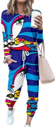 Onsoyours Damen Sportanzug Traingsanzug 2 St&uuml;ck Jogginganzug Sport Langarm Drucken Pullover Top mit Lange Hose Mode Sportswear Blau XL