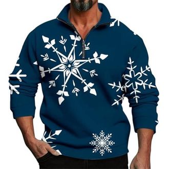 Generic Pull de Noël 2025 avec fermeture éclair 1/4 pour homme - Motif flocons de neige - Col à revers - Pour lhiver et lautomne, bleu marine, XXL