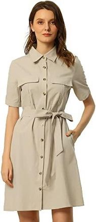 Allegra K Robe de safari dété en coton à manches courtes avec ceinture boutonnée pour femme, beige, M