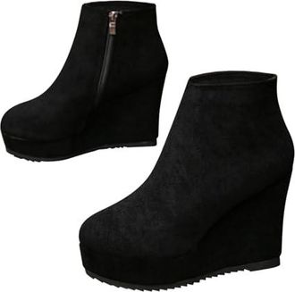 Generic Bottines &agrave; Plateforme Compens&eacute;e pour Femme Bout Rond Daim Bottes Courtes Talon Haut Fermeture &Eacute;clair Lat&eacute;rale Chic et Elegant Chaussures L&eacute;g&egrave;res D&eacute;con