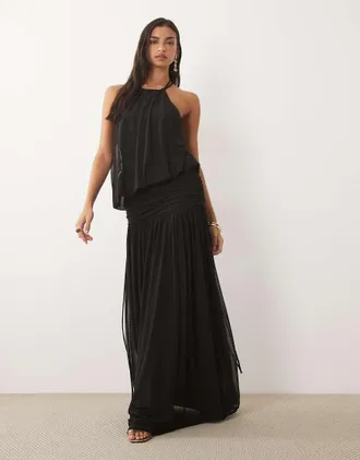 Asos Robe longue fronc&eacute;e en tulle ample - Noir
