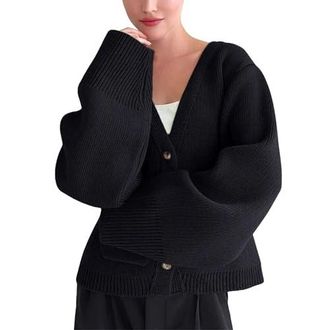 Generic Cardigan en tricot &agrave; manches longues et col en V pour femme, noir, Taille M