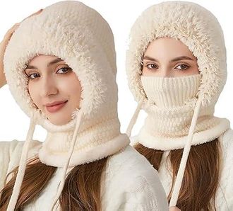 Generic Bonnet dhiver 4 en 1 avec masque facial et &eacute;charpe pour femme - Bonnet de ski en polaire tricot&eacute;e avec cache-oreilles - Rose, beige, Taille unique