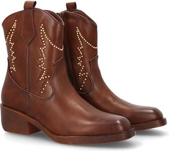 Shoes & Blues Bottine Cowboy pour femme avec dentelle moyenne ornée de clous décoratifs et coutures en relief. Talon large confortable. Fermeture à glissière, marro