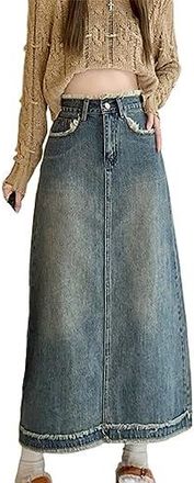ORANDESIGNE Femme Vintage A-Ligne Jupe Denim Moda Basica Casual Taille Haute Longues Jeans Jupes Maxi Q Bleu XL