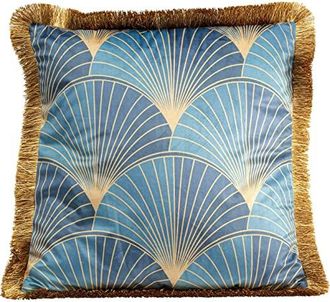 Kare Design Design Kissen Leaves Fringe, Blau/Gold, 45x45cm, Zierkissen, Dekokissen, Couchkissen mit Rei&szlig;verschluss