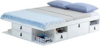 Meu M&oacute;vel de Madeira Bett mit Stauraum Bali 140x190 Weiss - Bett mit Bettkasten u. viel Stauraum, ideal f. kleine Schlafzimmer - Bett mit Aufbewahrung inkl. Lattenrost - P