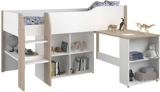 Les Tendances Les Tendances - Lit combin&eacute; enfant 90x200 cm avec bureau r&eacute;tractable - Structure panneaux de particules d&eacute;cor ch&ecirc;ne Jackson et blanc - Sommier inclus