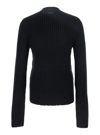 Dolce & Gabbana Mens Black Ribbed Knit Crewneck Sweater With Logo Patch Virgin Wool Tops Top