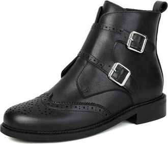 Generic Bottines western cowgirl pour femme, fermeture &eacute;clair lat&eacute;rale, bout rond, talons blocs bas, chaussures perfor&eacute;es &agrave; bout aile, Noir, 38.5 EU