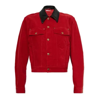 Versace Femme, Vestes, Rouge, Taille: 34 FR Veste en velours c&ocirc;tel&eacute; avec col en cuir