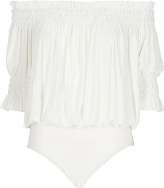 Norma Kamali Femme, Tops, Blanc, Taille: 40 FR Short Sleeve Peasant Bodysuit