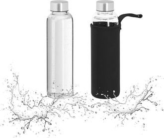 Relaxdays Trinkflasche, 2er Set, 500 ml, auslaufsicher, Glasflasche mit Hülle, HxD: ca. 23,5x6,5 cm, transparent/schwarz