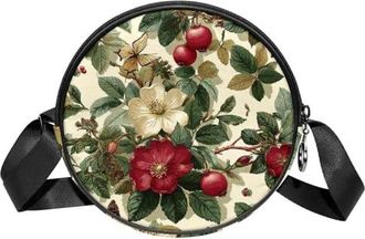 Generic Sac &agrave; bandouli&egrave;re rond pour femme, motif fleurs de grenade, petit sac &agrave; bandouli&egrave;re avec fermeture &eacute;clair, bretelles r&eacute;glables, sac &agrave; main rond d&eacute;cont