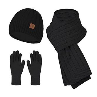 Generic Lot de 3 bonnets, écharpes et gants tricotés pour femme - Résistants au froid - Pour entraînement par temps froid - Vie quotidienne, Noir, Taille uniq
