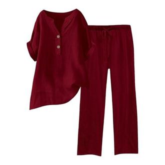 Generic Ensemble 2 pi&egrave;ces pour femme - Tenue d&eacute;contract&eacute;e en lin &agrave; manches courtes - Haut &agrave; col montant - S&eacute;chage rapide - Protection solaire - Confort - Pant