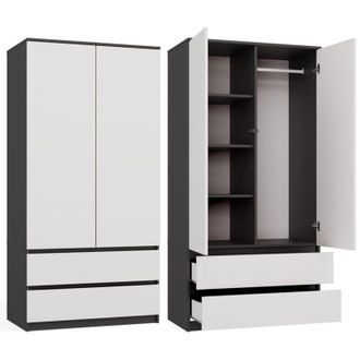 Topeshop Topeshop - turin - Armoire de chambre - Penderie multifonctions - 2 portes + 2 tiroirs - Dressing - Anthracite et Blanc