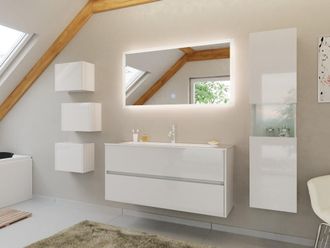 Magnolia Home Badm&ouml;bel Set Taifun 4tlg. 120 cm mit LED Spiegel 3er Boxen & Hochschrank Farbe Weiss Hochglanz