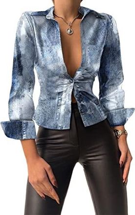 TOMWELL Femme en Cuir PU Sexy de Chemisier à Manches Longues Casual Automne Hiver Chic Chemise Bleu M