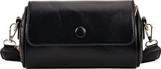 Generic Sac &agrave; bandouli&egrave;re cylindrique pour femme, sac &agrave; main &agrave; rabat en cuir, sac &agrave; main baril, sac &agrave; bandouli&egrave;re tendance avec large sangle, Noir, Small