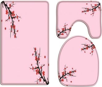 A.Monamour Badezimmer Badematte 3 Teilig Set Rosa Hintergrund Der Roten Pflaumenblumen des Aquarells Flanell WC Toilette Deckel Deckt Bad Matte Teppich Badteppic