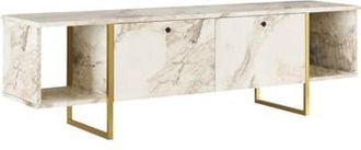 Vente-Unique Meuble TV 2 Portes et 2 étagéres - Effet marbre Blanc et Doré - DERANA