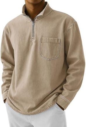 Generic T-shirt &agrave; manches longues pour homme et adulte avec poche, t-shirt de sport &agrave; fermeture &eacute;clair, pull &agrave; revers grande taille, t-shirt d&eacute;contract&eacute; confo