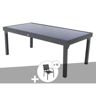 Hesperide Hesperide - Ensemble repas table extensible rectangulaire en verre tremp&eacute; - 12 places - Aluminium trait&eacute; &eacute;poxy - Pieds r&eacute;glables pour sol irr&eacute;gulier