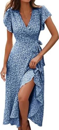 Generic Robe Fleurie Femme Ete &Agrave; Manches Courtes Col en V Chic Floral Swing Elegant Wrap &Eacute;lastique Taille Haute Longue Robes De Plage Boheme Robe Femme Mi Lon