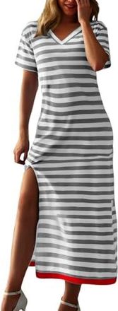 Generic Robe d&eacute;t&eacute; d&eacute;contract&eacute;e &agrave; manches courtes pour femme - Robe t-shirt &agrave; rayures - Longue robe maxi - Robe boh&egrave;me - Plage - Vacances - Essentiels pour les