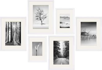 Photolini weiße Bilderrahmen Set verschiedene Größen, 6 MDF Holz Bilderrahmen mit Passepartout, Bilder Rahmen mit Acrylglas, No.4 Bilderrahmenset zum Aufhängen,