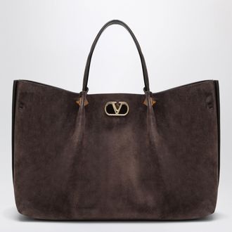 Valentino Garavani Gro&szlig;e Rockstud Shopping-Tasche aus ebenholzbraunem Veloursleder