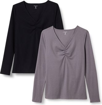 Amazon Essentials Damen Gerafftes, langärmliges Rippstrick-T-Shirt mit V-Ausschnitt und schmaler Passform, 2er-Pack, Grau/Schwarz, XXL
