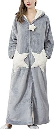 Onsoyours Robes de Chambre Femmes Peignoir à Capuche Hiver Chaude Peignoir Fermeture Eclair Peignoirs de Nuit Longue en Flanelle Robe Polaire Épais A Gris XL