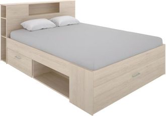 Vente-Unique Vente-unique - Lit avec tête de lit rangements et tiroirs - 160 x 200 cm - Coloris : Naturel - leandre