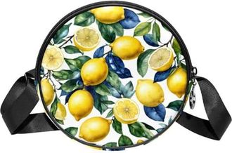 Generic Sac &agrave; bandouli&egrave;re Circle pour femme, motif feuilles de citron, bleu, petit sac &agrave; bandouli&egrave;re avec fermeture &eacute;clair, bretelles r&eacute;glables, sac &agrave; main ro