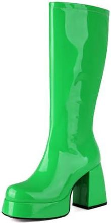 Generic Qynthra Bottes Plateforme Femmes Retro Cuir Verni Genou Talon Bloc Zip Cote Go Go Style Scène Performance Soirées Fête,Vert,47 EU